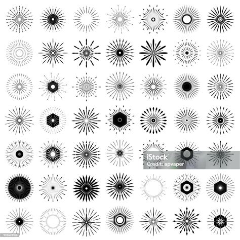 큰 복고풍 썬 버스트 형태의 설정 합니다 49 빈티지 레이블 배지입니다 벡터 디자인 요소 격리입니다 최소한의 검은 불꽃 파열 스파크에 대한 스톡 벡터 아트 및 기타 이미지