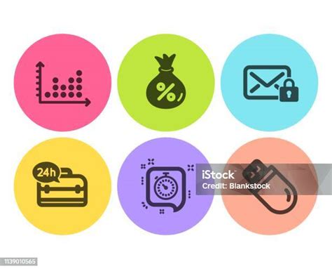 도트 플롯 타이머 및 보안 메일 아이콘을 설정 합니다 대출 24 시간 서비스 및 Usb 스틱 표지판 벡터 0명에 대한 스톡 벡터