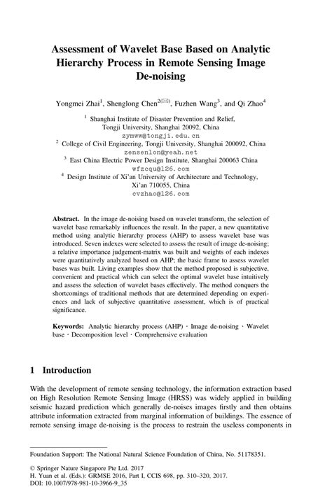 Pdf Assessment Of Wavelet Base Based On Analytic Hierarchy Process In
