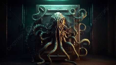 잠긴 금고 안에 앉아있는 문어 빛나는 눈을 가진 무서운 괴물의 3d 삽화는 금속 금고에서 촉수를 꺼냅니다 고화질 사진 사진 괴물 배경 일러스트 및 사진 무료 다운로드