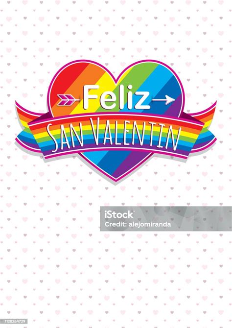 카드 메시지와 함께 표지 펠리 스 디 아 데 산 발렌틴스페인어 해피 발렌타인마음으로 흰색 바탕에 여러 가지 빛깔의 리본으로 둘러싸인 무지개 마음에 2월에 대한 스톡 벡터