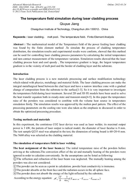 The Temperature Field Simulation During Laser Cladding Process Scientificnet