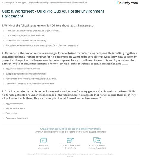 Quiz And Worksheet Quid Pro Quo Vs Hostile Environment Harassment