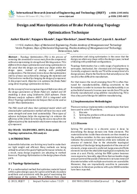 Pdf Irjet Design And Mass Optimization Of Brake Pedal Using Topology Optimization Technique