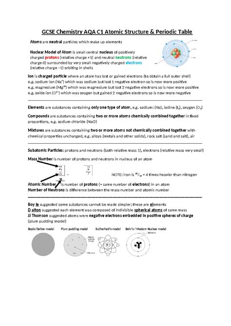 Gcse Chemistry Aqa C1 Final Exam Notes On Atomic Structure And Periodic