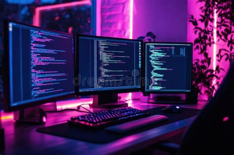 Modern Programmer Home Office Setup Featuring Multiple Screens And Vibrant Neon Lighting Stock