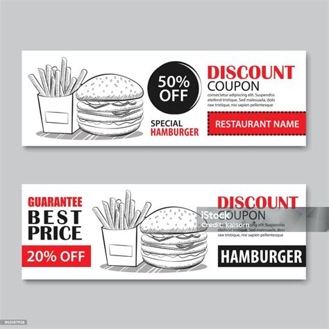 패스트 푸드 선물 바우처 및 쿠폰 판매 평면 디자인 템플릿 할인 벡터의 햄버거 감자 튀김 손으로 그려진된 배경 가격에 대한 스톡 벡터 아트 및 기타 이미지 Istock