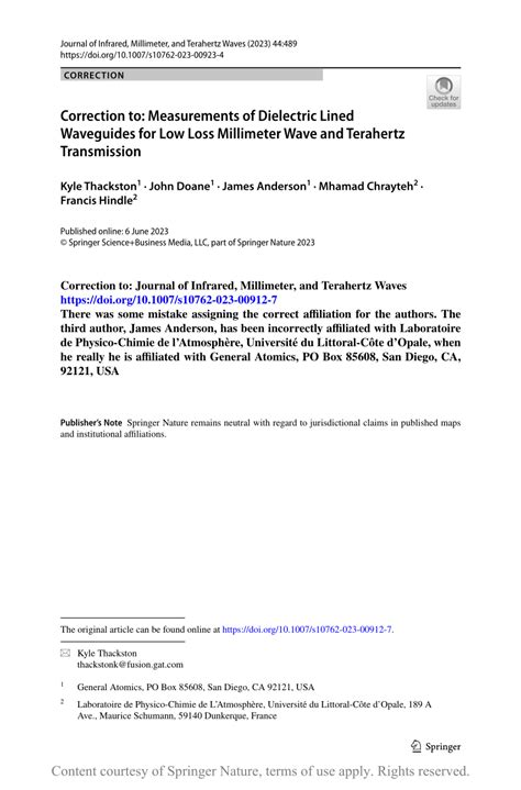 Correction To Measurements Of Dielectric Lined Waveguides For Low Loss Millimeter Wave And
