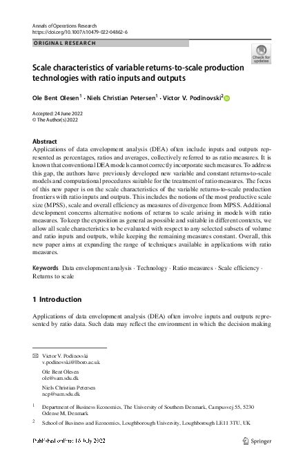 Pdf Scale Characteristics Of Variable Returns To Scale Production Technologies With Ratio
