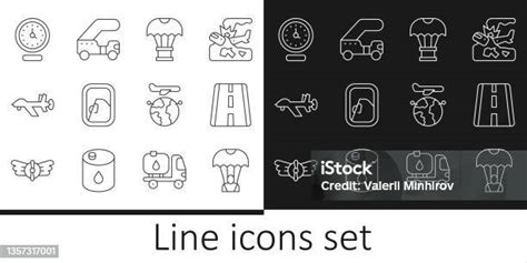 세트 라인 낙하산 공항 활주로 낙하산 비행기 창 Uav 무인 항공기 시계 글로브와 승객 사다리 아이콘에 비행 상자 벡터 검은색에 대한 스톡 벡터 아트 및 기타 이미지