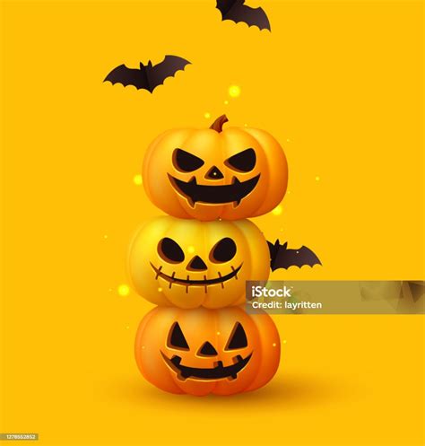 즐거운 할로윈 보내세요 무서운 미소 비행 박쥐와 현실적인 3d 오렌지 호박과 축제 배경 홀리데이 포스터 전단지 브로셔 및 템플릿 커버 벡터 일러스트레이션 0명에 대한 스톡