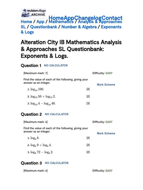 Ib Math Aa Sl Questionbank Number Algebra Exponents Logs Alteration City Pdf