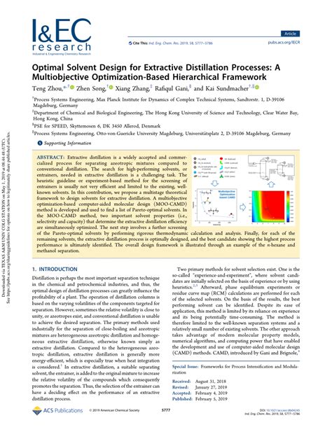 pdf optimal solvent design for extractive distillation processes a