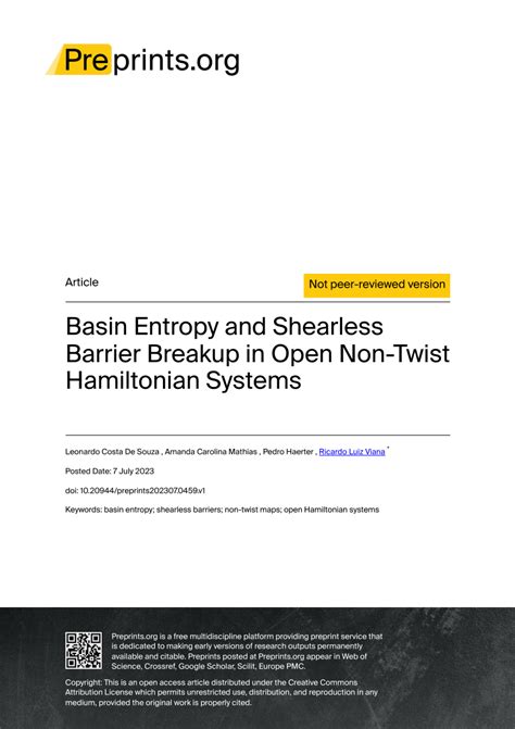 Pdf Basin Entropy And Shearless Barrier Breakup In Open Non Twist Hamiltonian Systems