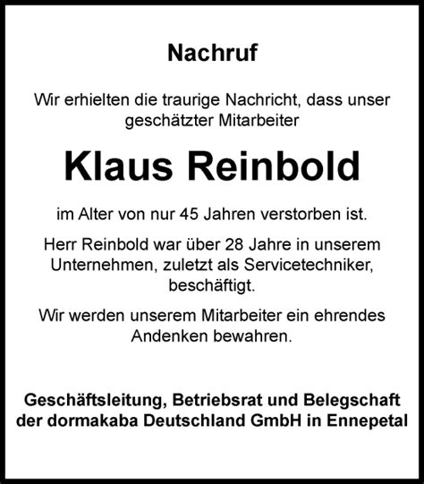 Traueranzeigen Von Klaus Reinbold Trauer In Nrwde