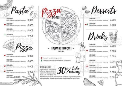 손으로 그린 벡터 일러스트 레이 션이탈리아 메뉴 파스타와 피자 레스토랑 안내 책자 전단지 카페 배달 메뉴에 대 한 완벽 한 스케치 스타일에 삽화와 함께 서식 파일을 디자인