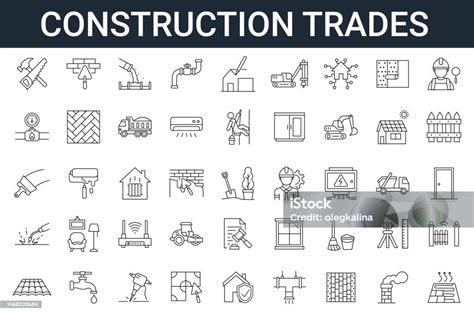 건설 작업의 다른 유형과 관련된 45 라인 아이콘의 집합입니다 건축 활동의 종류 직업 편집 가능한 획 수리 개조 작업 도구 재료 공학에 대한 스톡 벡터 아트 및 기타 이미지