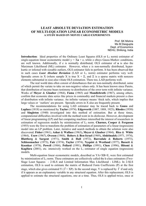 PDF Least Absolute Deviation Estimation Of Multi Equation Linear Econometric Models A Study