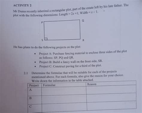 ACTIVITY 2 Mr Duma Recently Inherited A Rectangular Plot Part Of The Estate Left By His Late