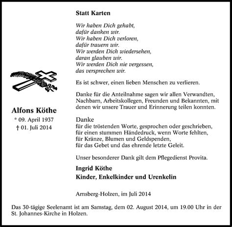 Traueranzeigen Von Alfons Köthe Trauer In Nrw De