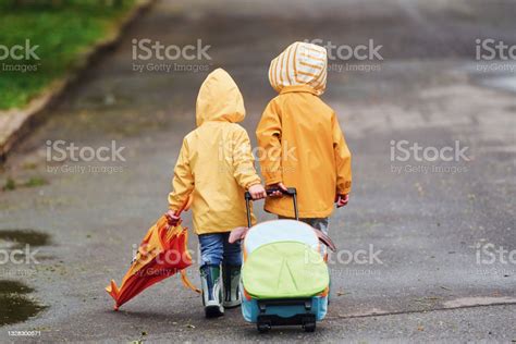 우산 가방 노란색 방수 망토와 함께 비가 내린 후 야외에서 걷는 부츠를 입은 두 명의 어린이 2 3 살에 대한 스톡 사진 및 기타 이미지 Istock