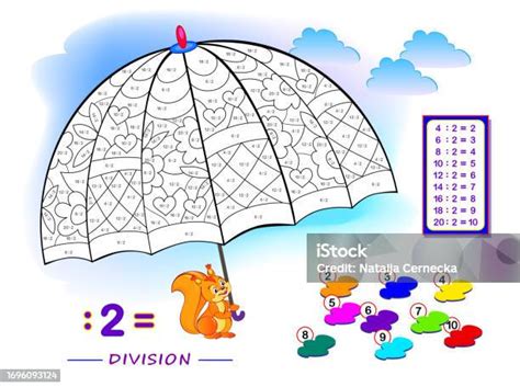숫자 2로 나누는 아이들을위한 운동 그림을 그린다 수학 아기 책에 대한 교육 페이지입니다 어린이 교과서를 위한 인쇄 가능한 워크시트 색칠 공부 온라인 교육 0명에 대한 스톡
