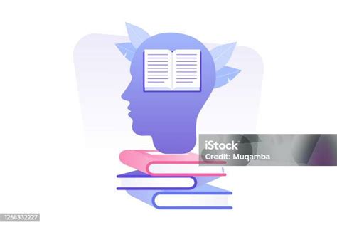 책이있는 인간의 머리 실루엣 인지 심리학 또는 정신과 교육 학습 쓰기 및 스토리텔링 문학이나 시 현대 고립 된 플랫 벡터 일러스트레이션 신경 과학에 대한 스톡 벡터 아트 및