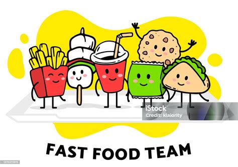 흰색 배경에 패스트 푸드 친구의 벡터 그림 트레이에 함께 서있는 행복한 감자 튀김 콜라 스낵 캐릭터 거리에 대한 스톡 벡터 아트