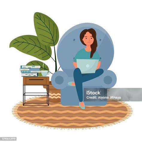 직장에서 공부하고 집에서 공부 프리랜서 개념 안락의자에 앉아 노트북을 사용하는 여성 책 근처 식물 흰색 배경에 고립 된 현대 흥미로운 벡터 디자인 가상현실에 대한 스톡 벡터