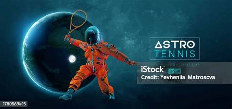 테니스 선수 우주 비행사 우주 활동 지구 화성 행성 의 배경 테니스 선수가 라켓을 들고 공을 치고 있다 벡터 3d 렌더링 그림 검은색에 대한 스톡 벡터 아트 및 기타 이미지