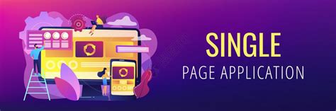 计算机和智能手开发商在单页应用程序上工作小人物单页应用程序spa网页络发展趋势概念带复制空间的页头或脚横幅模板单页应用程序概念横插画图片下载