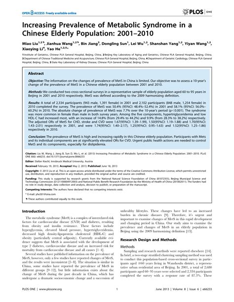Pdf Increasing Prevalence Of Metabolic Syndrome In A Chinese Elderly Population 2001 2010