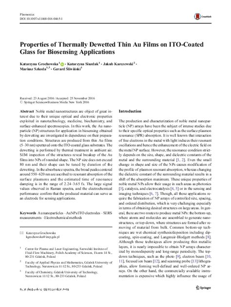 Pdf Properties Of Thermally Dewetted Thin Au Films On Ito Coated Glass For Biosensing Applications