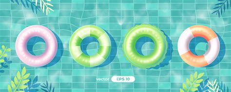 여름 수영장 벡터입니다 수영 반지 팽창식 고무 원형 공 평면도 여름 배경입니다 배너 또는 포스터 판매 템플릿입니다 심플한 만화 디자인 현실적인 물 3d 그림 Eps10