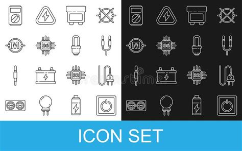 Set Line Electric Light Switch Plug Audio Jack Fuse Processor With Microcircuits Cpu Scheme