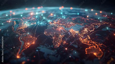 Illuminated World Map In The Night Highlighting Global Connectivity With Golden Lines And