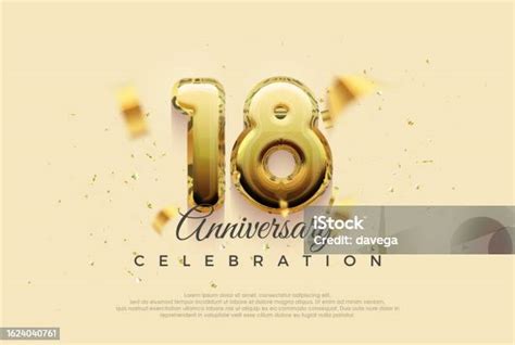 18주년 기념 행사 반짝이는 금색 풍선 그림이 있는 벡터 디자인 인사말과 축하를 위한 프리미엄 벡터 배경입니다 0명에 대한 스톡 벡터 아트 및 기타 이미지 Istock