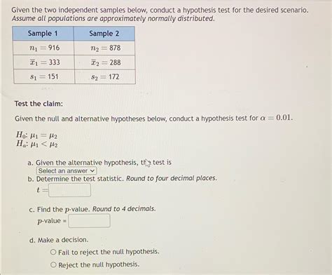 Solved Given The Two Independent Samples Below Conduct A