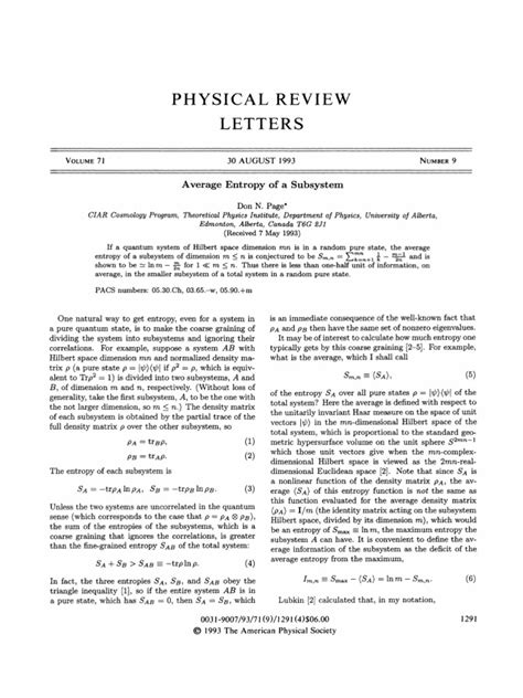 Average Entropy Of A Subsystem Pdf Eigenvalues And Eigenvectors Derivative