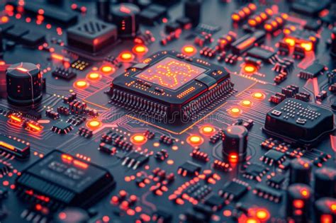 Intricate Microprocessor Circuit Board Illuminated By Bright Red Lights