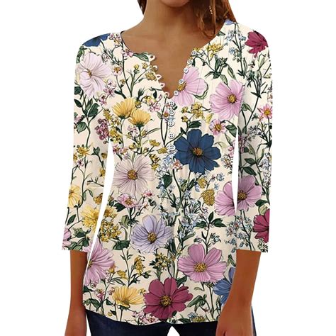 Cihdmfb 34 Sleeve Tops Flowy Tops Womens V Neck Tie Button Chest