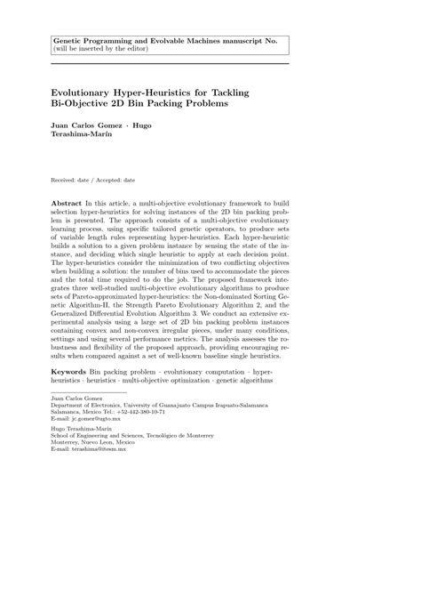 Pdf Evolutionary Hyper Heuristics For Tackling Bi Objective 2d Bin Packing Problems