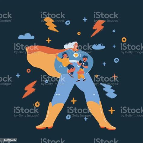 슈퍼 영웅 의상을 입은 여성의 벡터 일러스트는 어두운 백라운드 위에 아이들을 손에 쥐고 있습니다 개념에 대한 스톡 벡터 아트 및