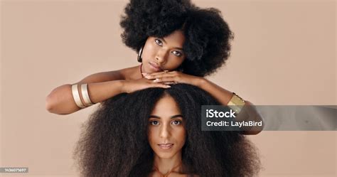 아름다움 패션 및 자연과 실제 헤어 케어를위한 파스텔 색상 벽 배경에 스튜디오에서 흑인 여성 친구와 헤어 아프리카 계 미국인 여성과 친구와의 초상화 아프리카 및 유산 여자에