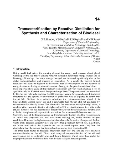 Pdf Transesterification By Reactive Distillation For Synthesis And Characterization Of Biodiesel
