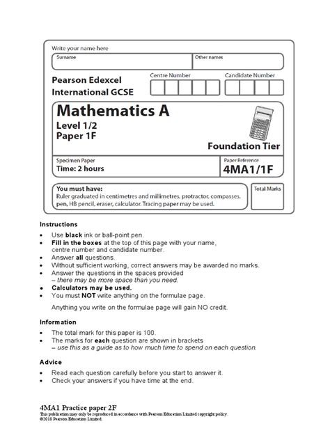 Igcse 9 1 Maths Practice Paper 2f Pdf Triangle Volume