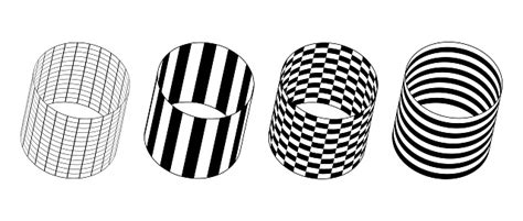 다른 패턴을 가진 실린더 컬렉션 와이어프레임 줄무늬 및 체크 무늬 3d 튜브 세트 흑백 기하학적 요소들 For Design