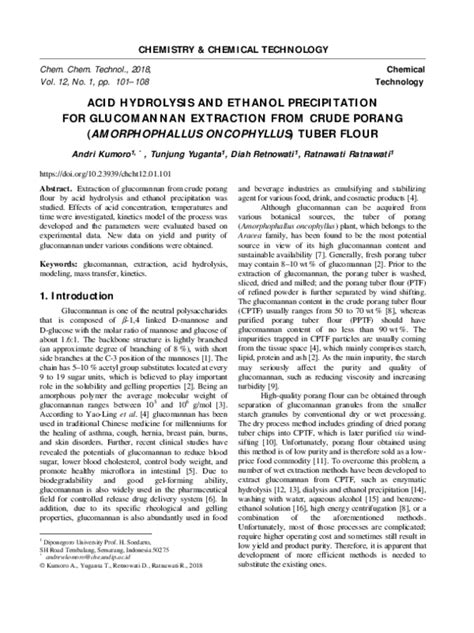 Pdf Acid Hydrolysis And Ethanol Precipitation For Glucomannan Extraction From Crude Porang