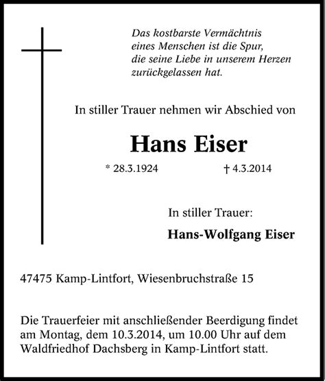 Traueranzeigen Von Hans Eiser Trauer In Nrwde