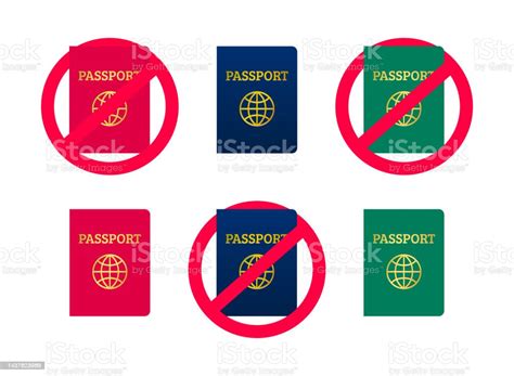금지 표시가 설정된 국제 여권 흰색 배경에 정지 원에 있는 국가 문서 여행 비자 취소 개념입니다 여권 금지 아이콘 제재 벡터 일러스트 레이 션 0명에 대한 스톡 벡터 아트